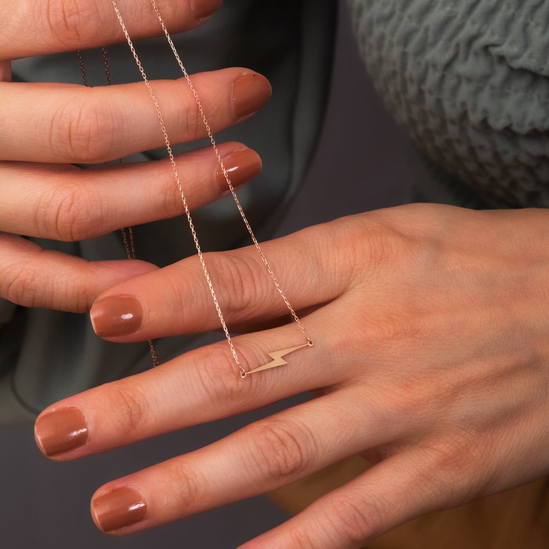 14K Real Gold Lightning Bolt Charm Necklace Thunder Strike | Etsy