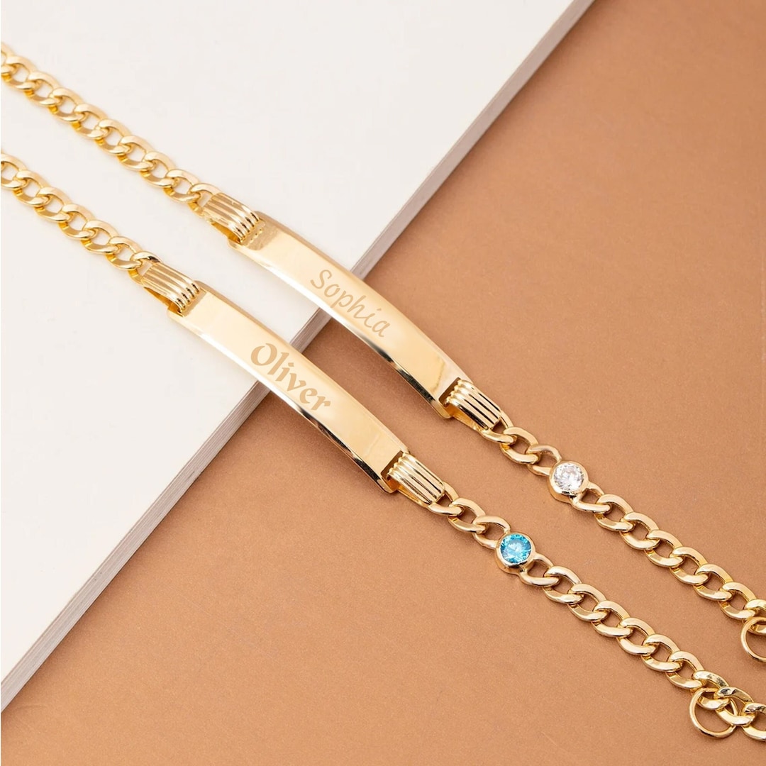 14K Gold Baby ID Bracelet, Custom Engraved Name, Birthstone Bracelet - Etsy