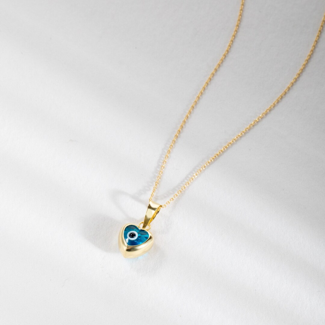 Tiny Heart Evil Eye Pendant in 14K Solid Gold, Dainty Evil Eye Heart Charm for Her, Protection ...