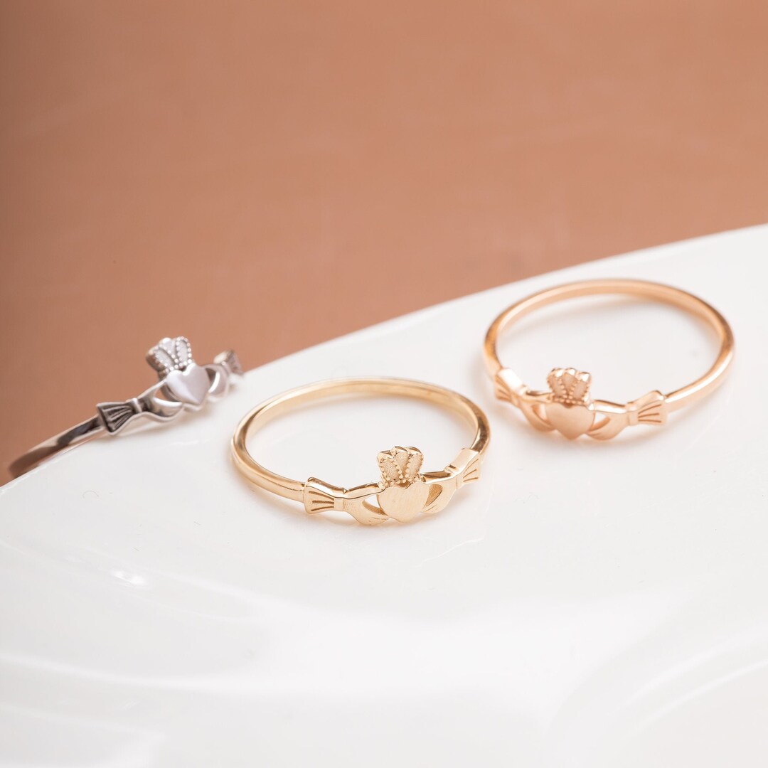 14K 18K Real Gold Celtic Claddagh Ring, Dainty Crown Ring, Petite ...