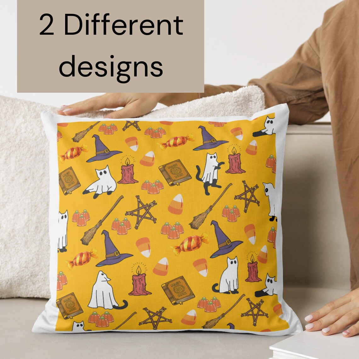 Ghost Cat Halloween Pillow Ghost Cat Pillow Yellow Pillow - Etsy