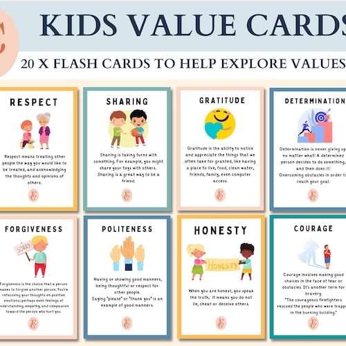 Kids Moral Values Flash Cards Acceptance and Commitment - Etsy