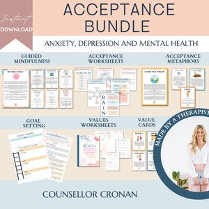 Acceptance Therapy Worksheet and Cards Bundle, Acceptance Commitment ...