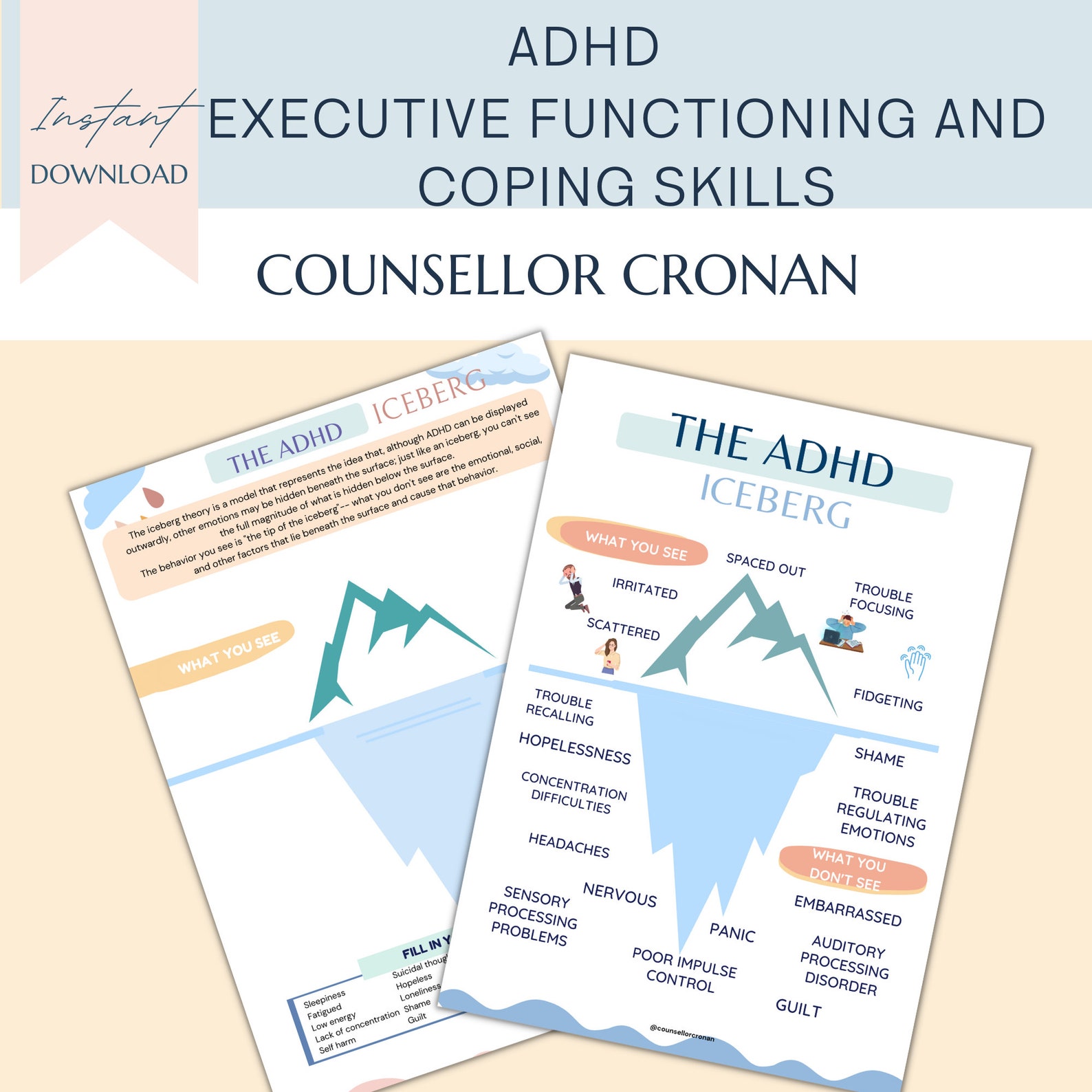 ADHD Iceberg and Infographic Handouts, Group Therapy, Teen Mental ...