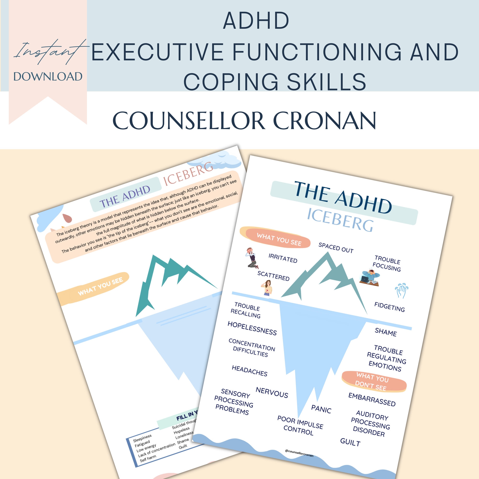 ADHD Iceberg and Infographic Handouts, Group Therapy, Teen Mental ...