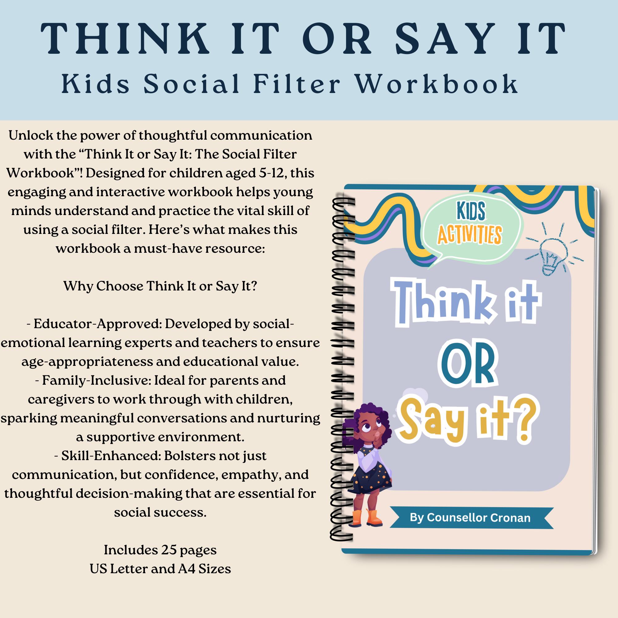 Think It or Say It Workbook for Kids. Social Filter, Social Skills ...