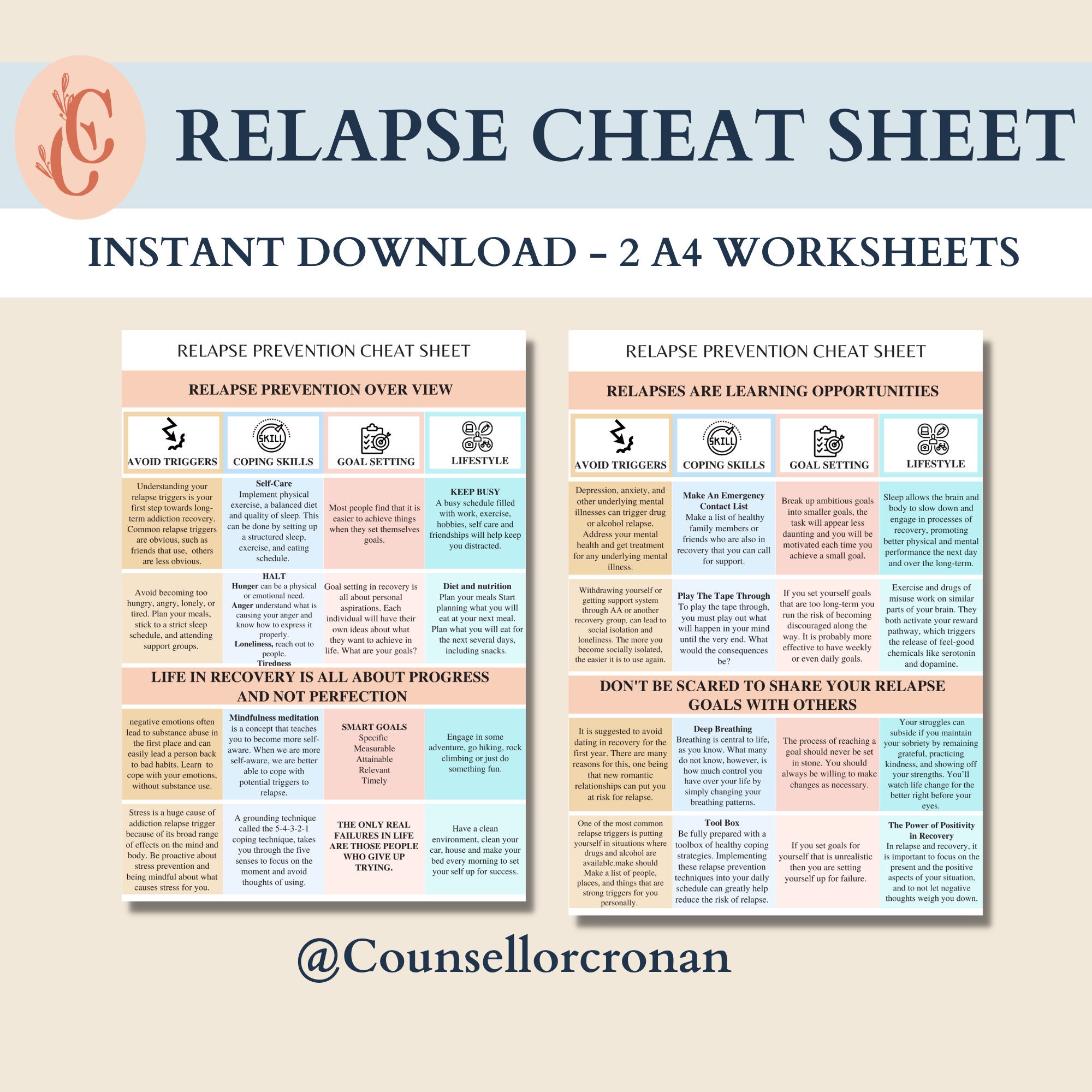 Sobriety Recovery Relapse Prevention Worksheet Bundle Etsy