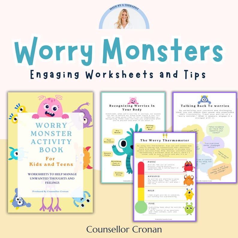 Worry Monster Anxiety Workbook for Kids, CBT Worksheets, Therapy Office ...