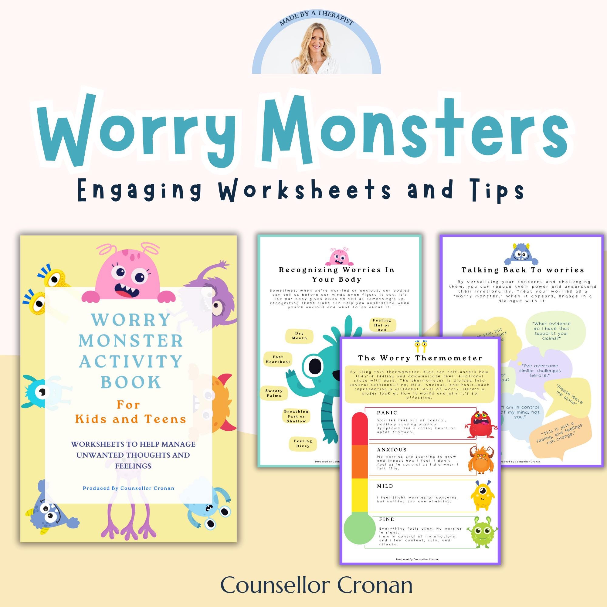 Worry Monster Anxiety Workbook for Kids, CBT Worksheets, Therapy Office ...