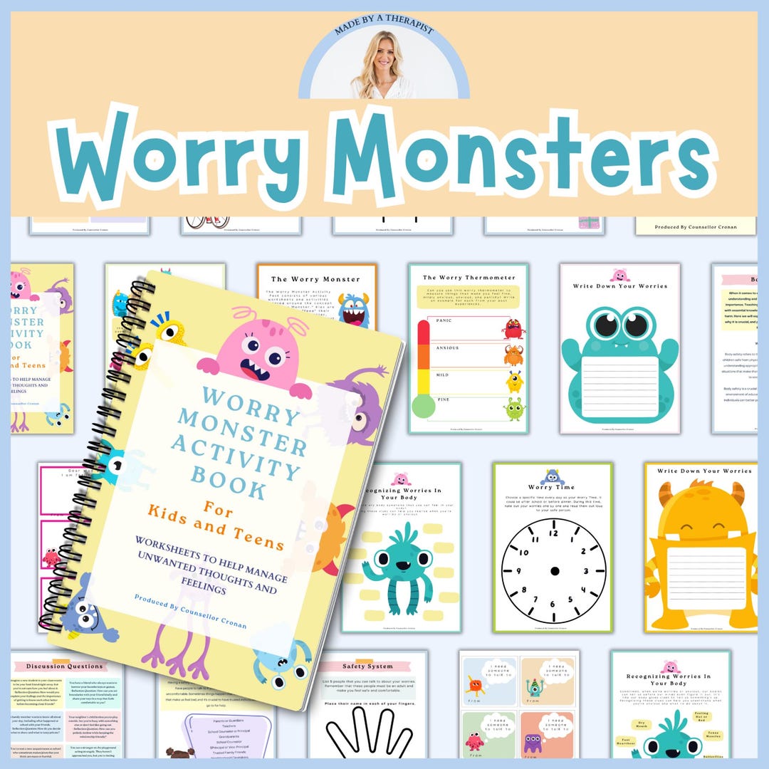 Worry Monster Anxiety Workbook for Kids, CBT Worksheets, Therapy Office ...