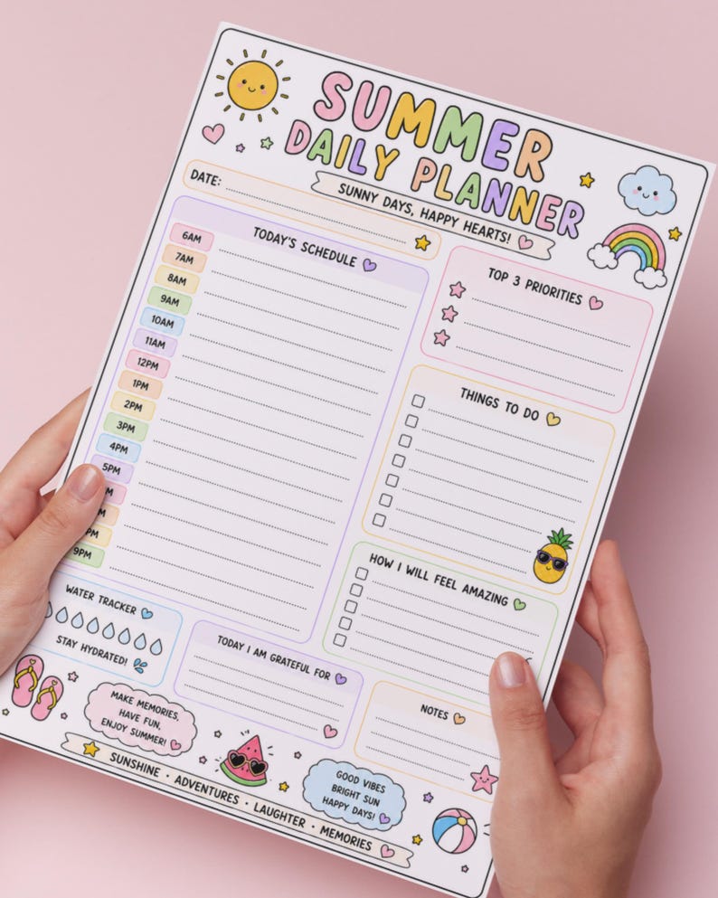 Kids Summer Daily Planner: Schedule, Activities, Goals (printable PDF ...