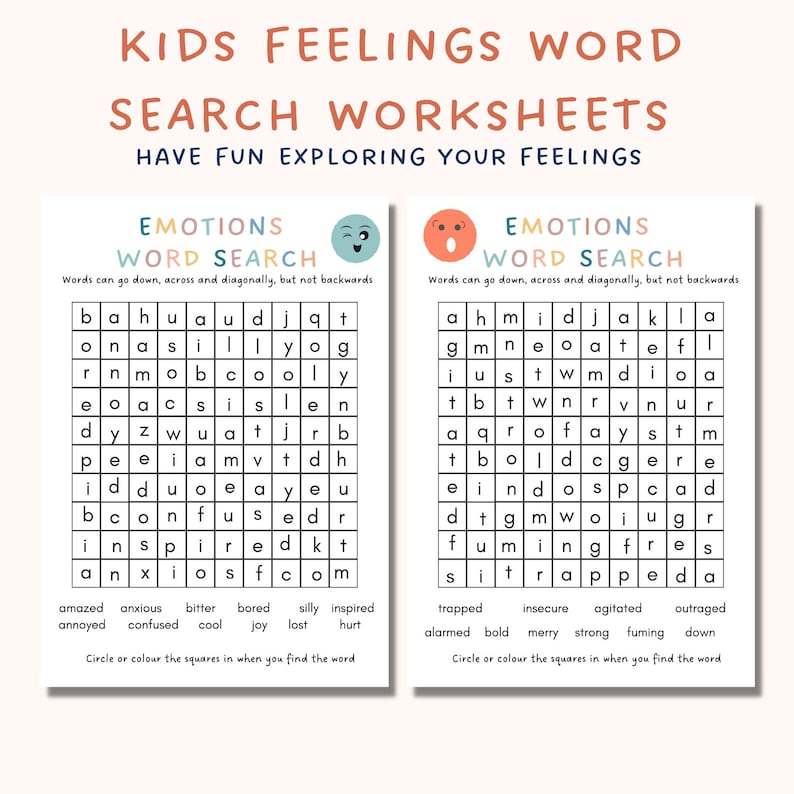 Feelings Word Search Worksheets Kids Feelings Calming Down - Etsy