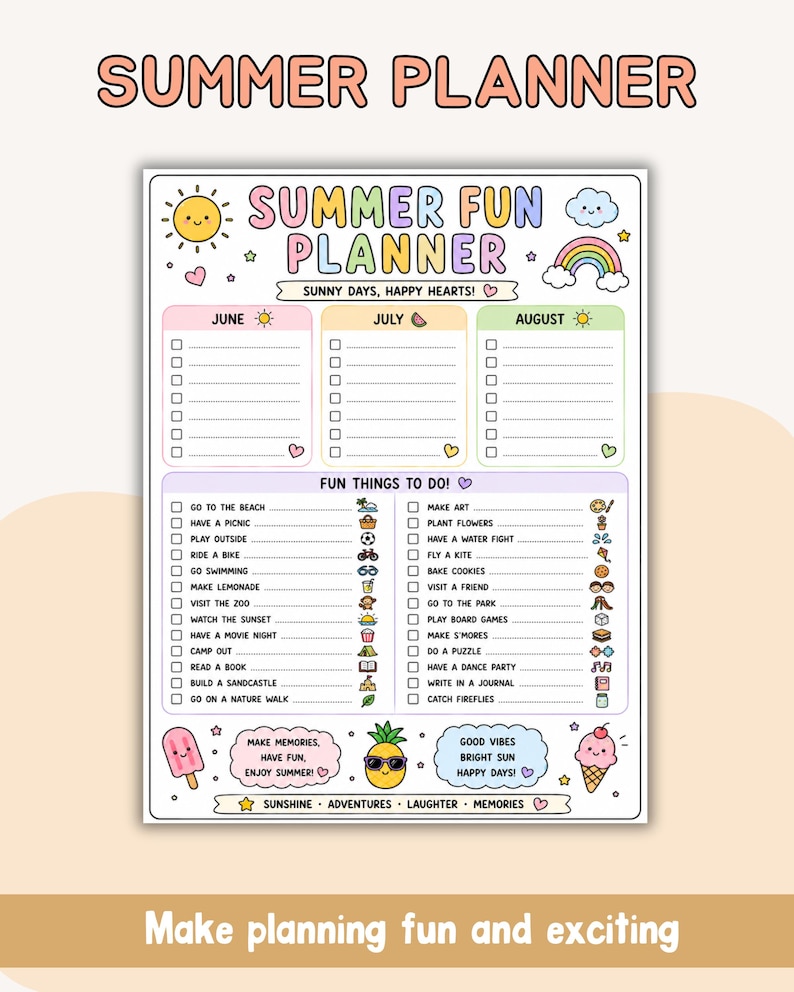 Summer Fun Planner. 2026 Summer Calendar. Kids Checklist. Weekly ...