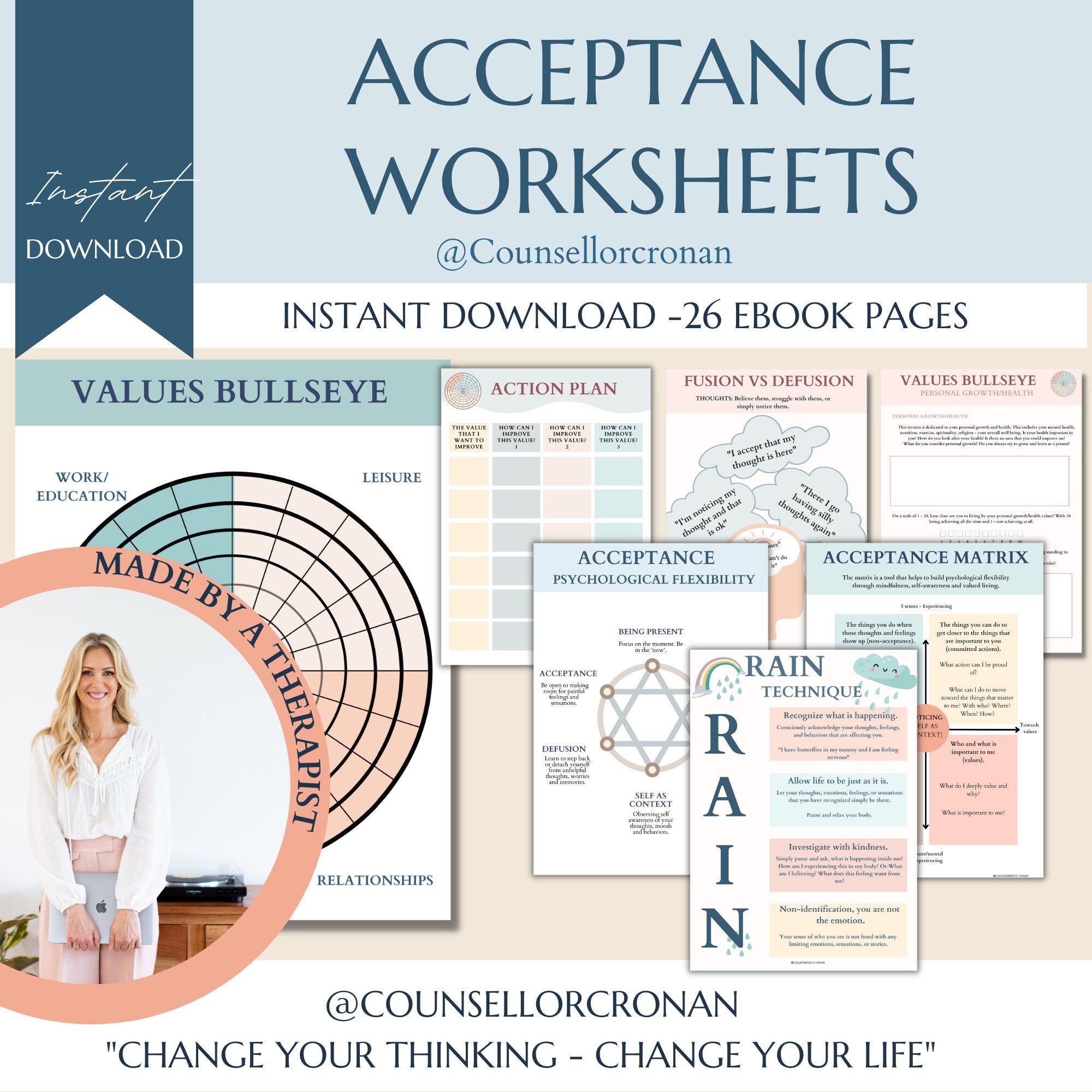 Acceptance Therapy Worksheets Cognitive Flexibility Values - Etsy Australia