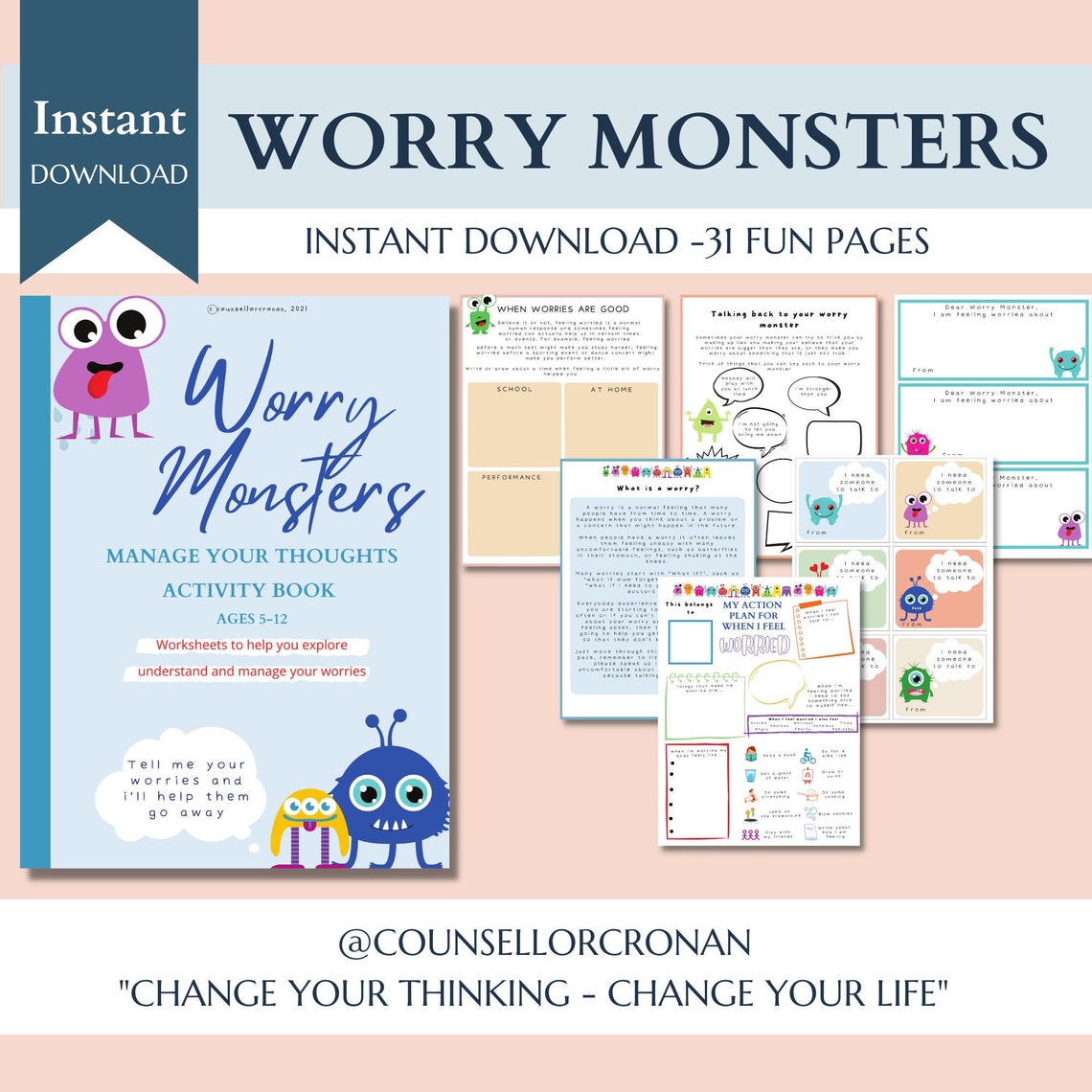 Worry Monster Anxiety Workbook for Kids CBT Worksheets - Etsy