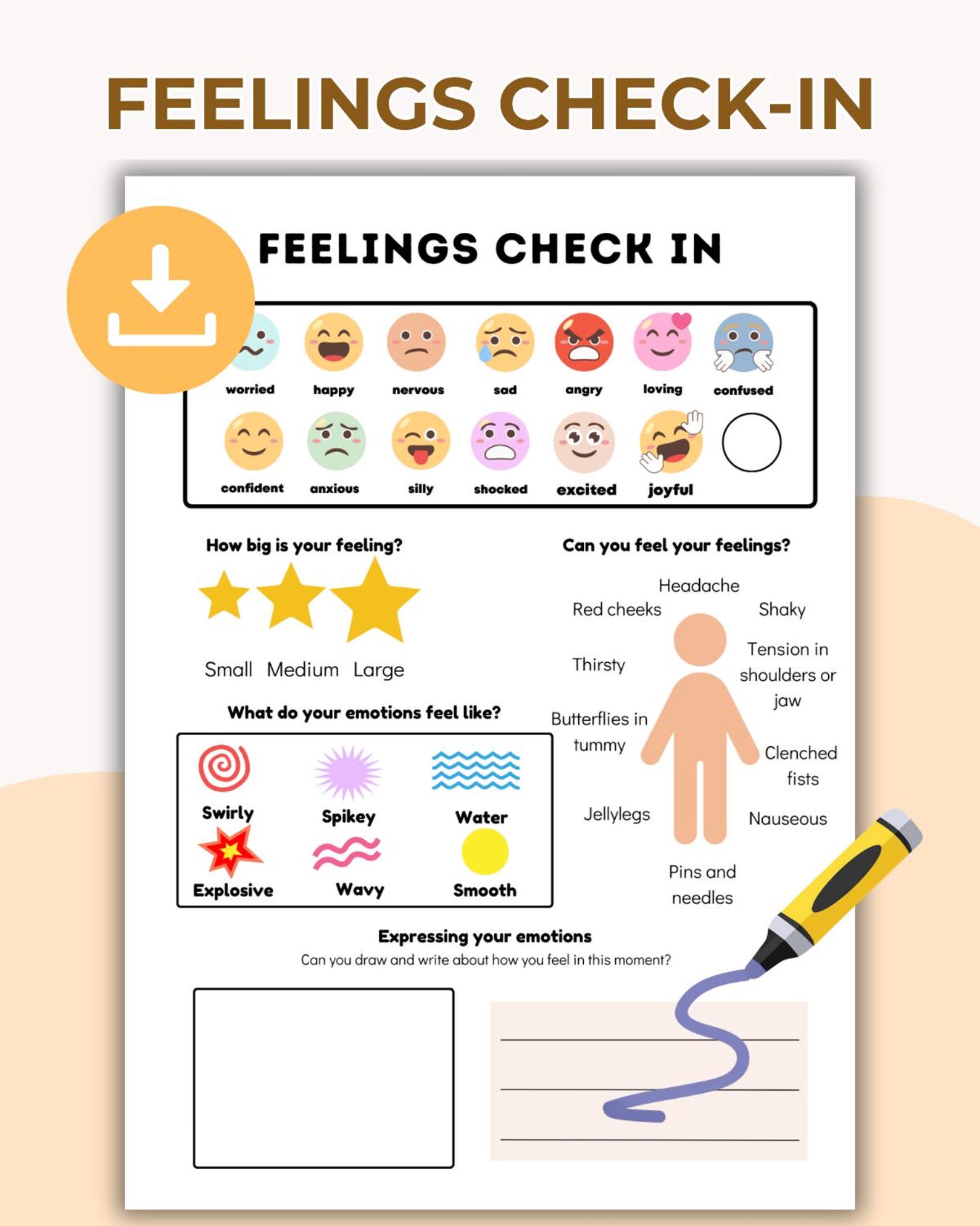 Kids Feelings Check in Worksheets. Feelings Poster, Emotional Self ...