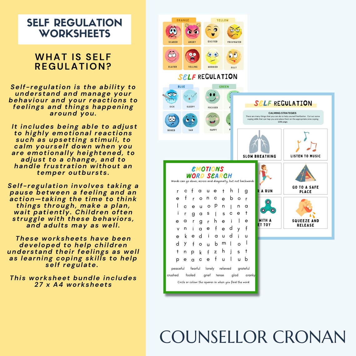 Self Regulation Zone Kids Feeling Worksheets, School Counselling ...
