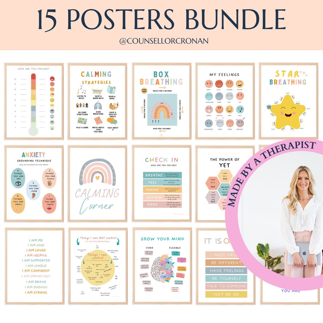 Set of 15 Calming Corner Posters, Kids Mental Health, Calm Down Kit ...