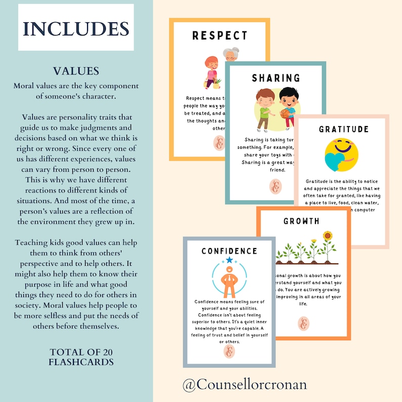 Kids Moral Values Flash Cards Acceptance and Commitment - Etsy