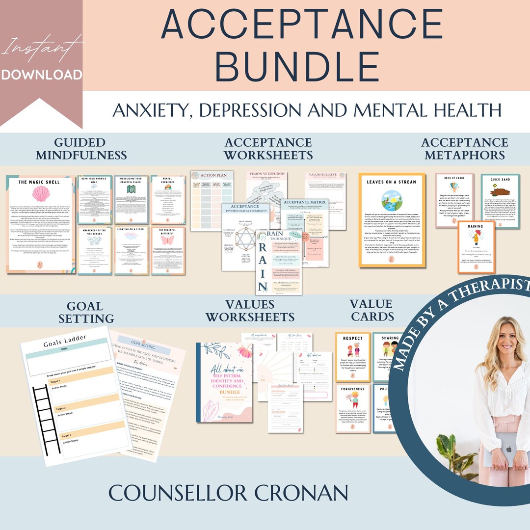 Acceptance Therapy Worksheet and Cards Bundle, Acceptance Commitment ...