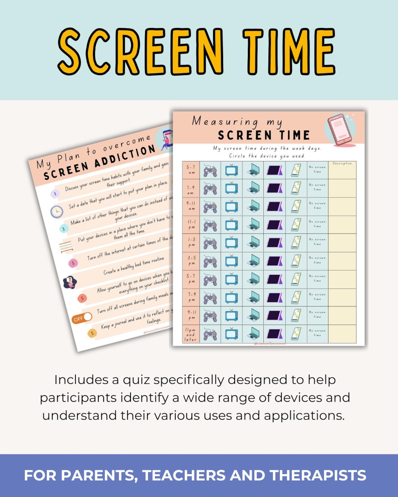 Screen Time Addiction Worksheets, Kids Therapy, Child Therapist ...