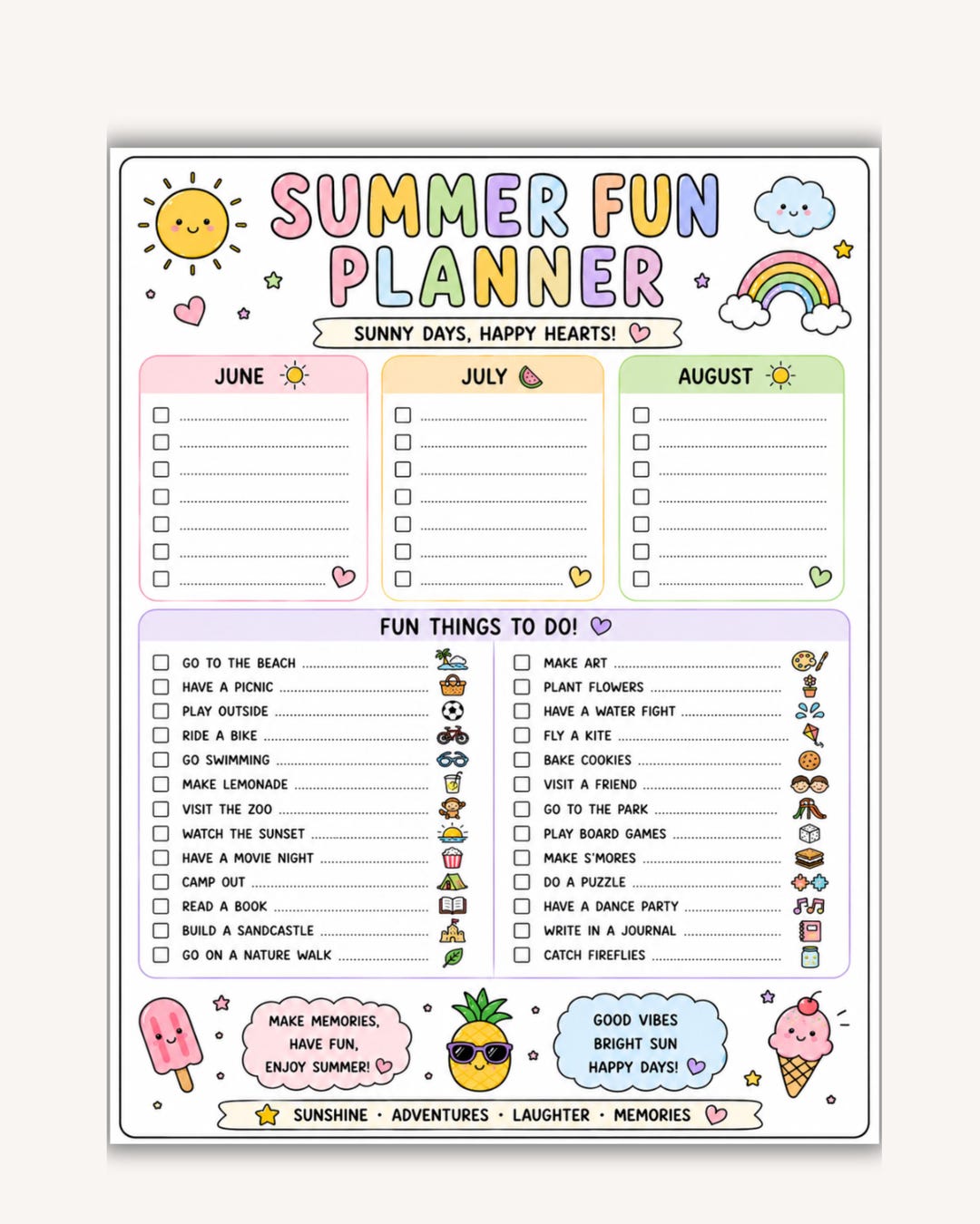 Summer Fun Planner. 2026 Summer Calendar. Kids Checklist. Weekly ...