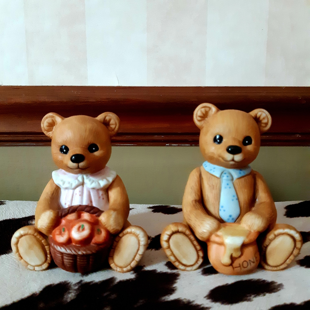 HOMCO Ceramic Bear Figurines #1405 Bear W/honey Jar Bear W/apple Basket ...