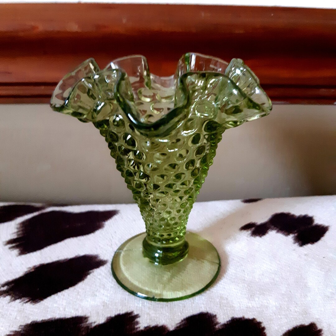 Fenton Ruffle Edge Hobnail Colonial Green Glass Footed Vase - Etsy