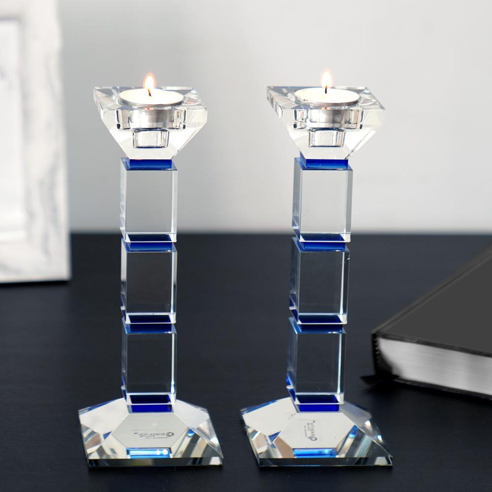 Crystal Candlesticks Square Design Set of 2 Blue - Etsy