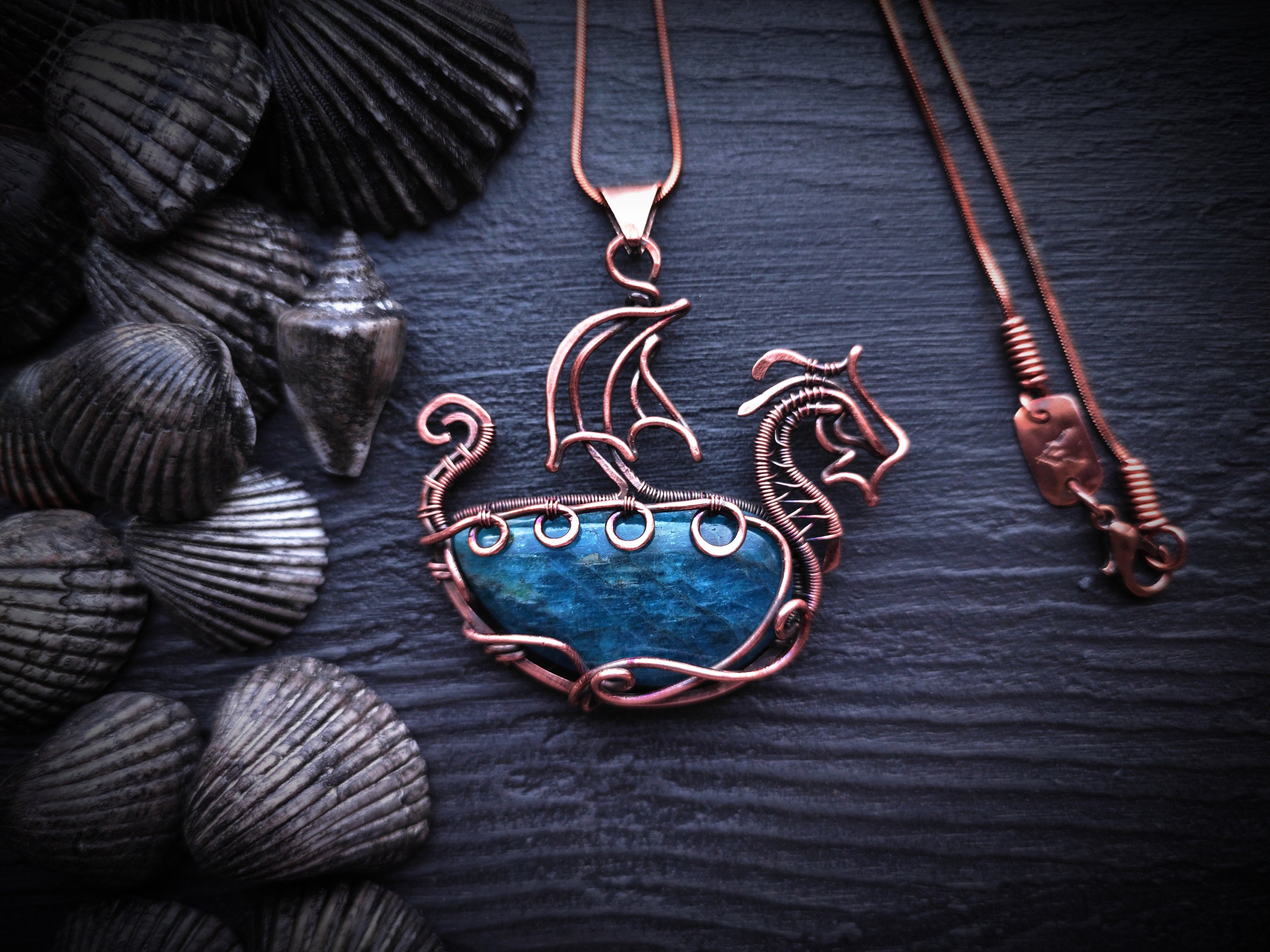 DRAKKAR Longship Dragon Figurehead Viking Ship Necklace Blue Apatite ...