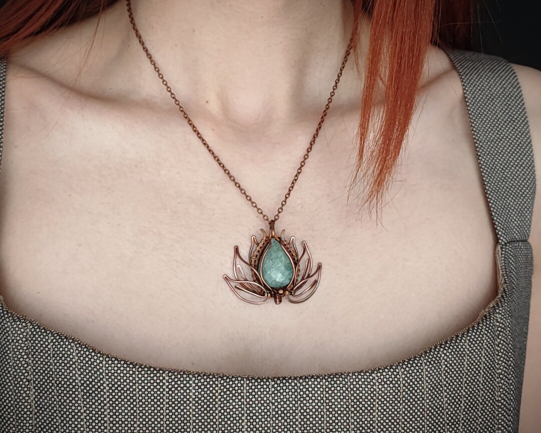 Aquamarine 'lotus' Wire Wrapped Pendant Solid Copper Wire Wrap Crystal ...