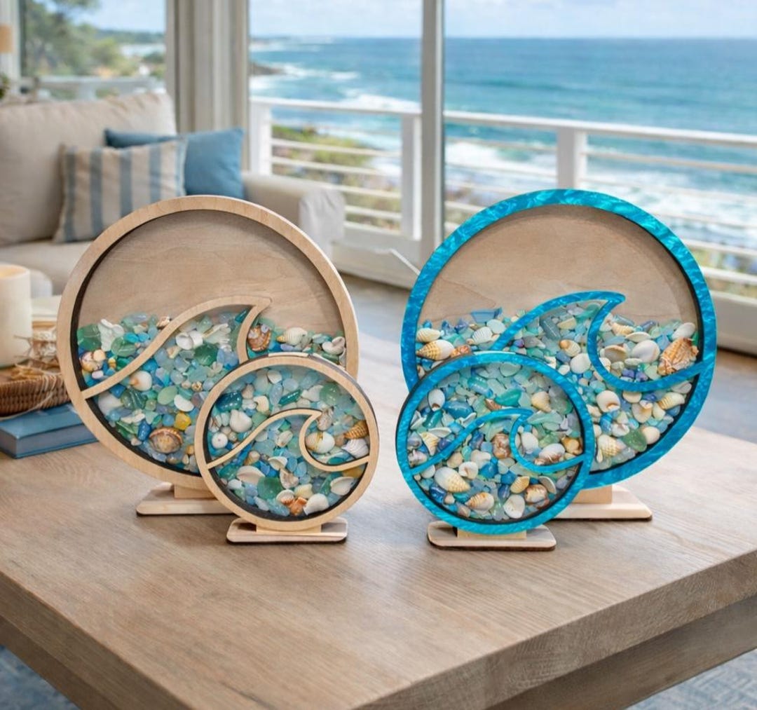 Wave Sea Glass Shadow Box | Beach Shell Display 2 - Etsy