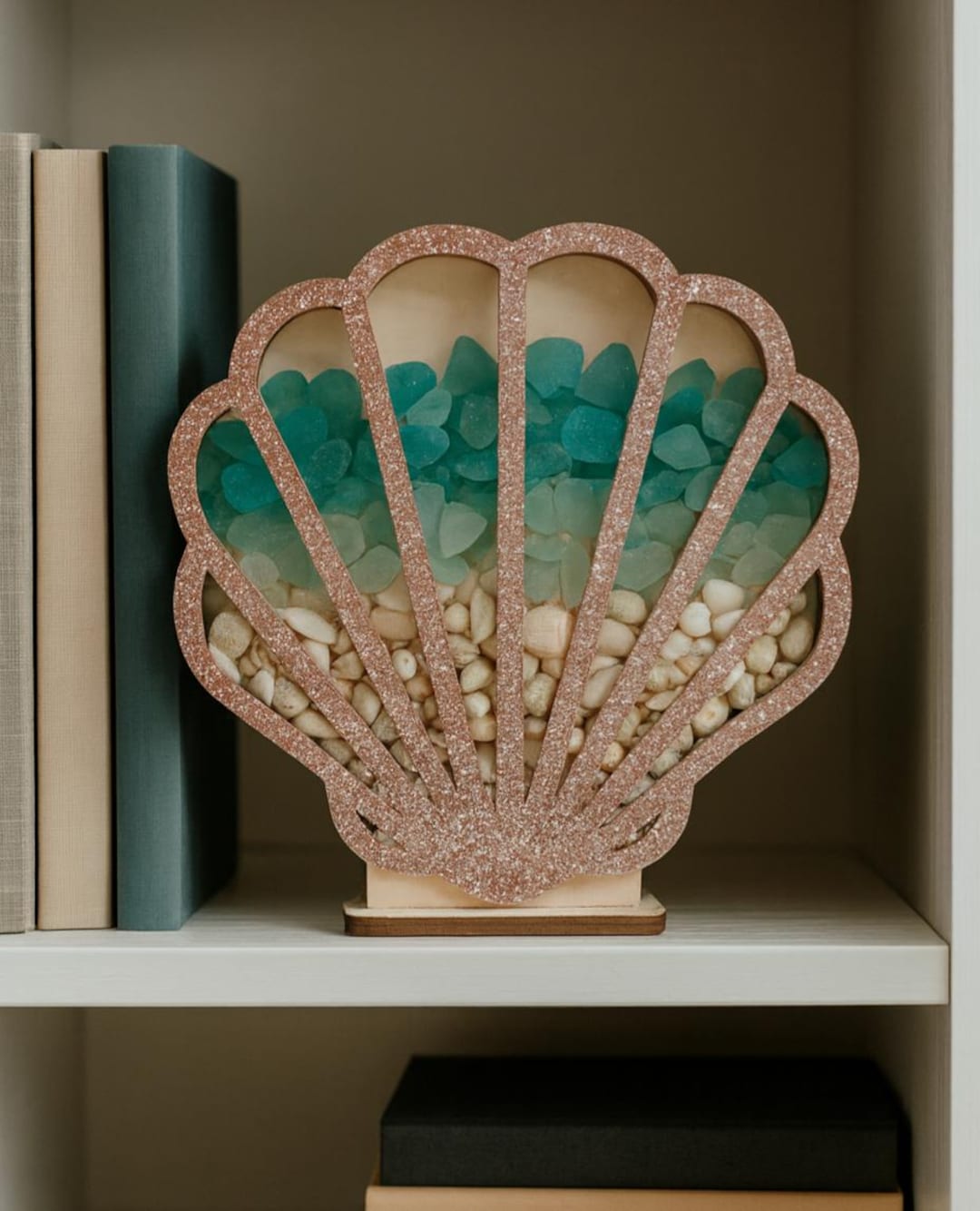 Sea Glass & Seashell Shadow Box Rose Gold Glitter | Beach Glass | Shell ...