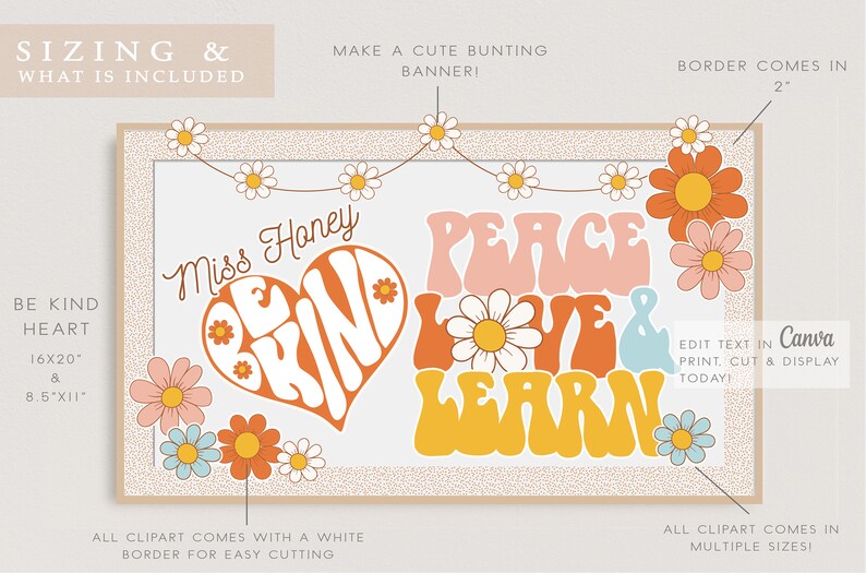 Boho Bulletin Board Kit, Retro Classroom Decor | Love Flowers Classroom ...