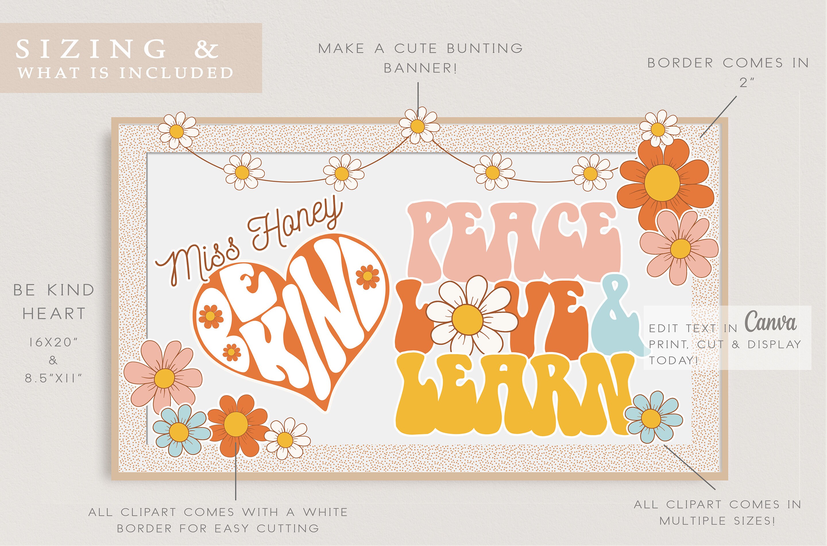 Boho Bulletin Board Kit Retro Classroom Decor Love Flowers - Etsy