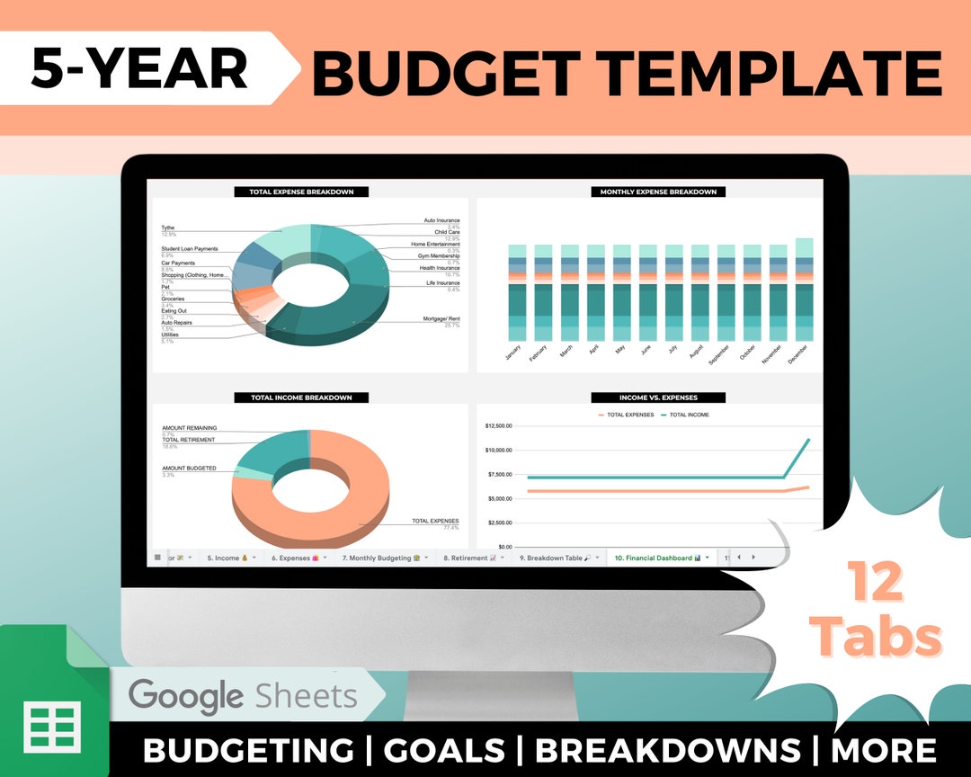 Simple 5-year Monthly Budget Template Google Sheets Expense Tracker ...