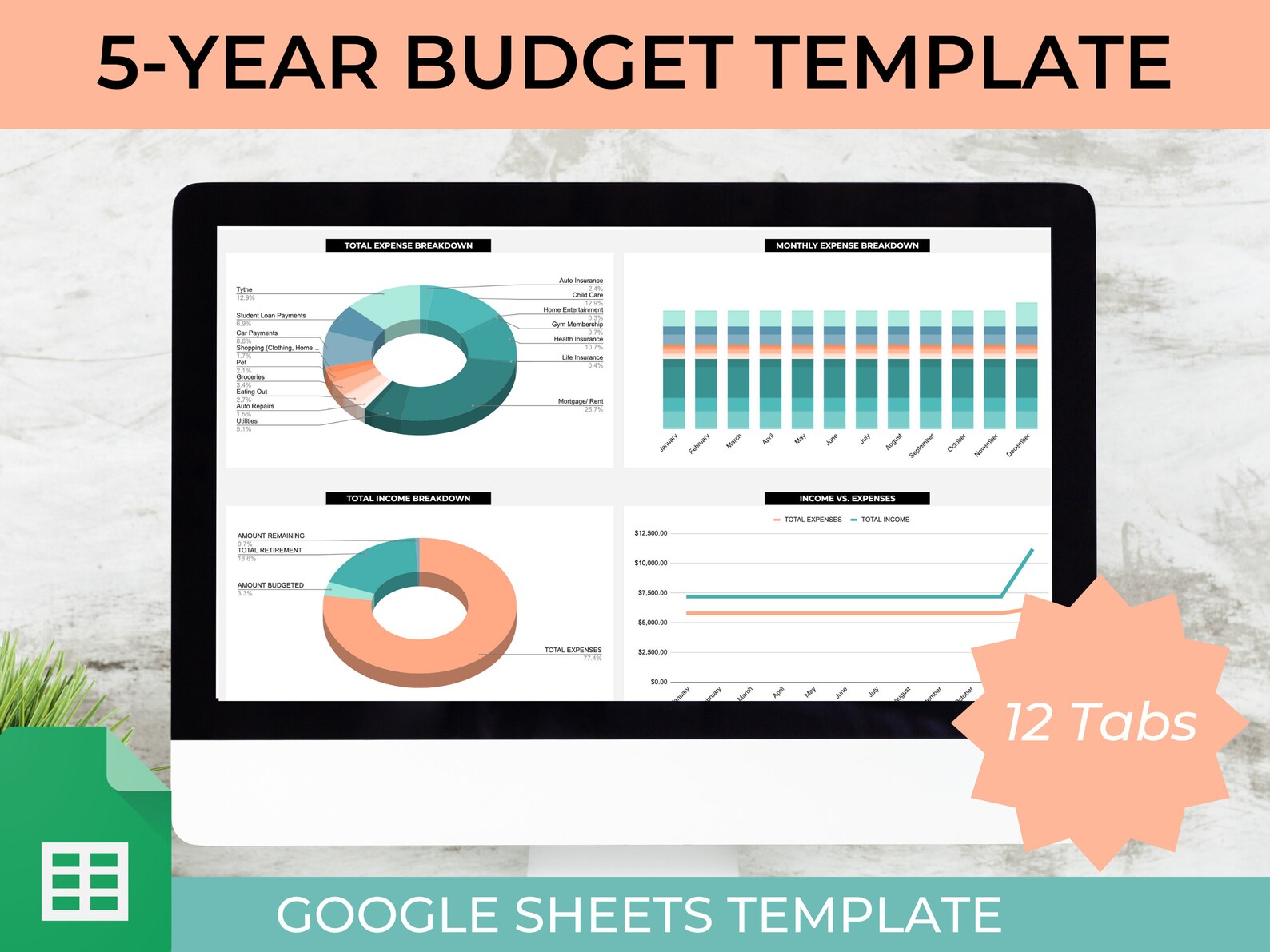 Simple 5-year Monthly Budget Template Google Sheets Expense | Etsy