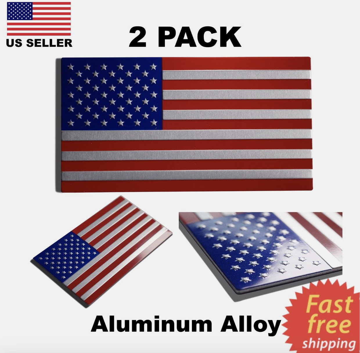 2 Pack TWO Aluminum USA American Flag Metal Emblem Sticker Decal Car ...