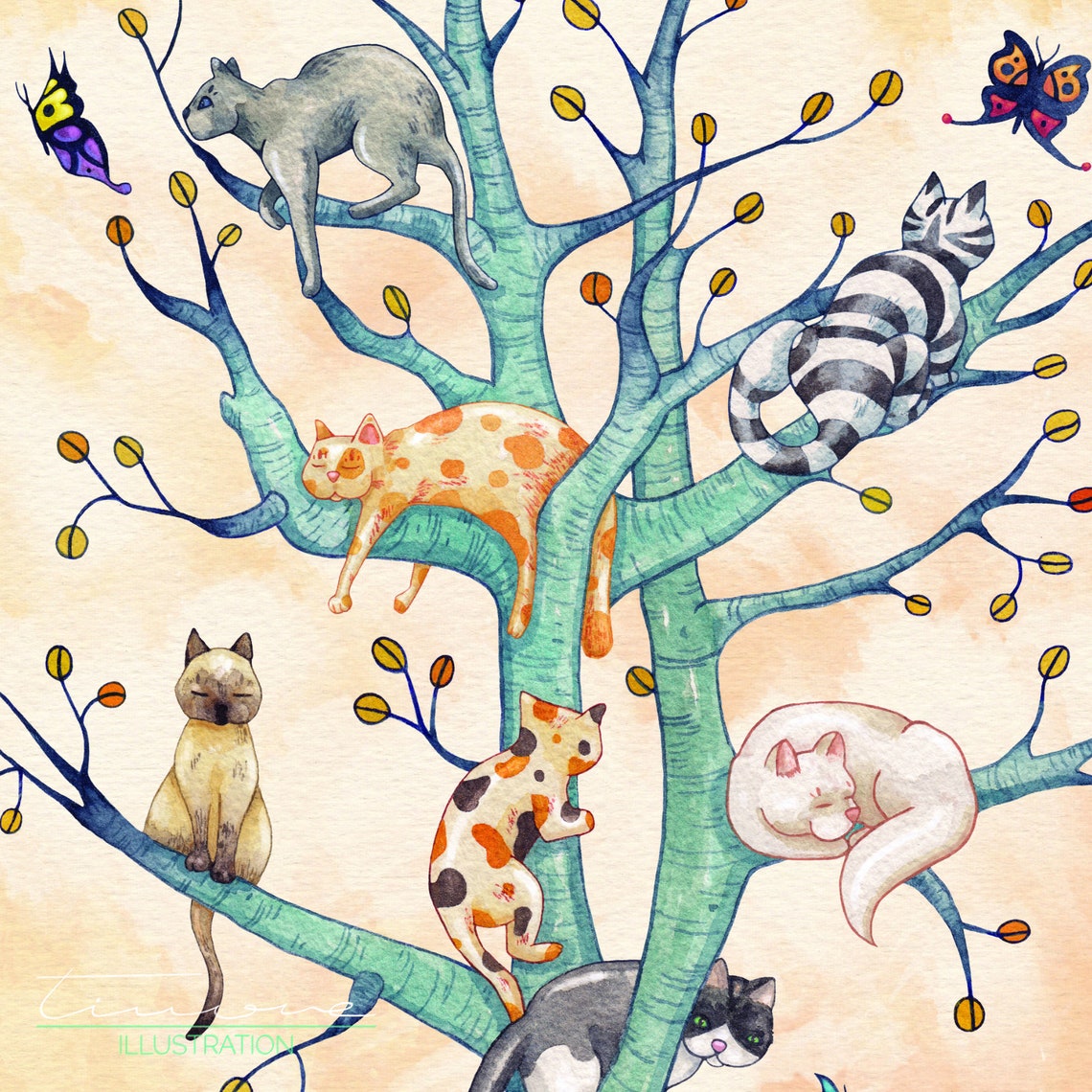 The Tree of Cat Life Watercolor Illustration DIGITAL PRINTABLE | Etsy