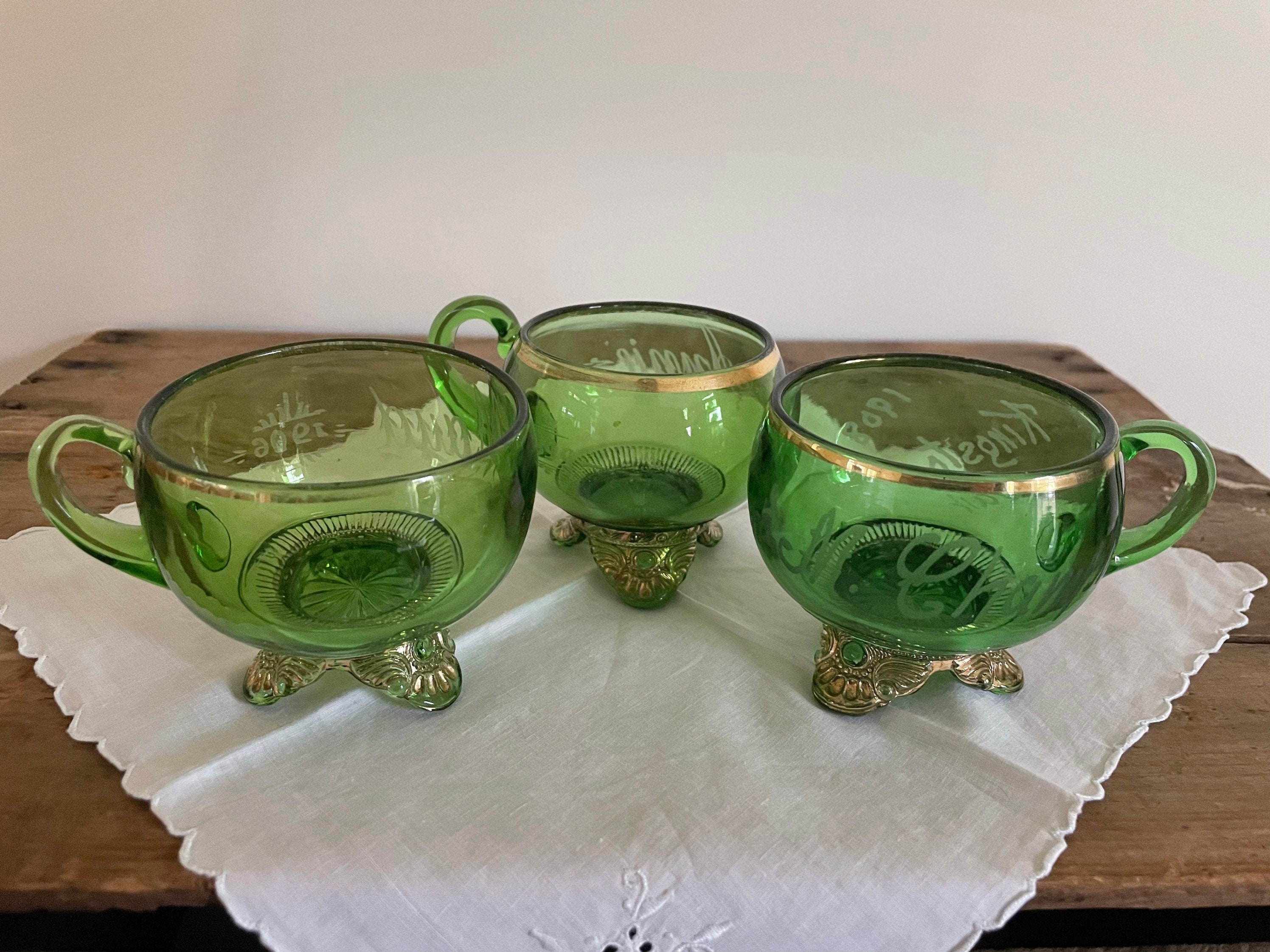 Antique Green Eapg/souvenir Footed Glass Cups - Etsy