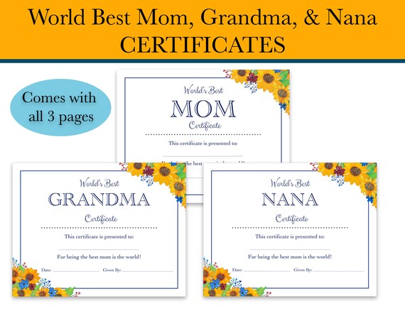 Worlds Best Mom Printable Certificate Nana Certificate - Etsy