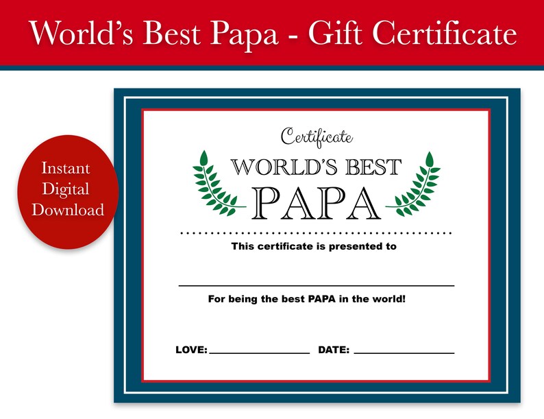 World's Best Dad Certificate Printable Instant Download - Etsy