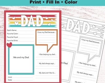 FATHER'S DAY GIFT All About My Dad Printable kids Fathers Day Dad Gift ...