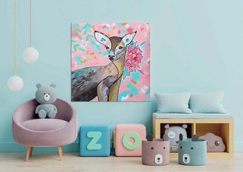 Bright Baby Deer Painting Colorful Fawn Nursery Wall Art Whimsical Doe ...