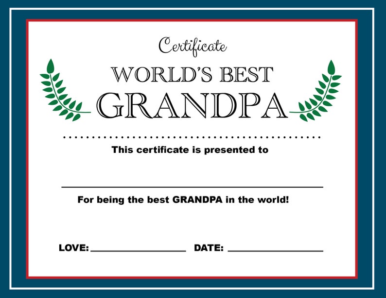 Worlds Grandpa Certificate Printable Instant Download Best Papa