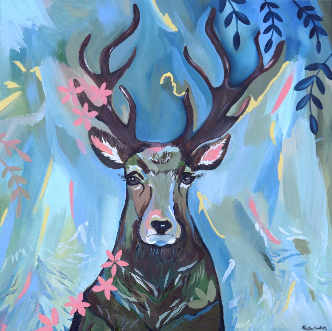 Deer Painting on Canvas for Living Room, Abstract Wildlife Deer Wall ...