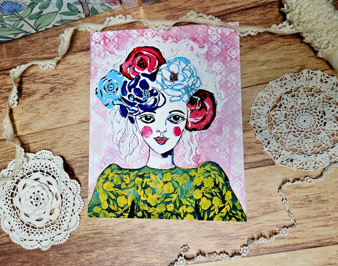 Whimsical Women Art Print of Beautiful Girl With Flowers in Her Hair ...