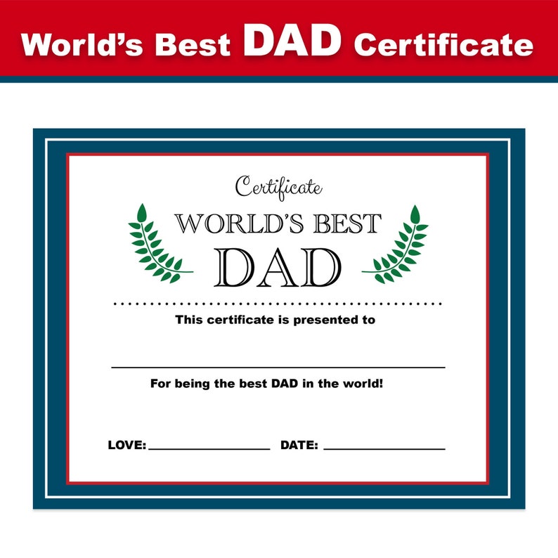 World's Best Dad Certificate Printable Instant Download Father's Day ...