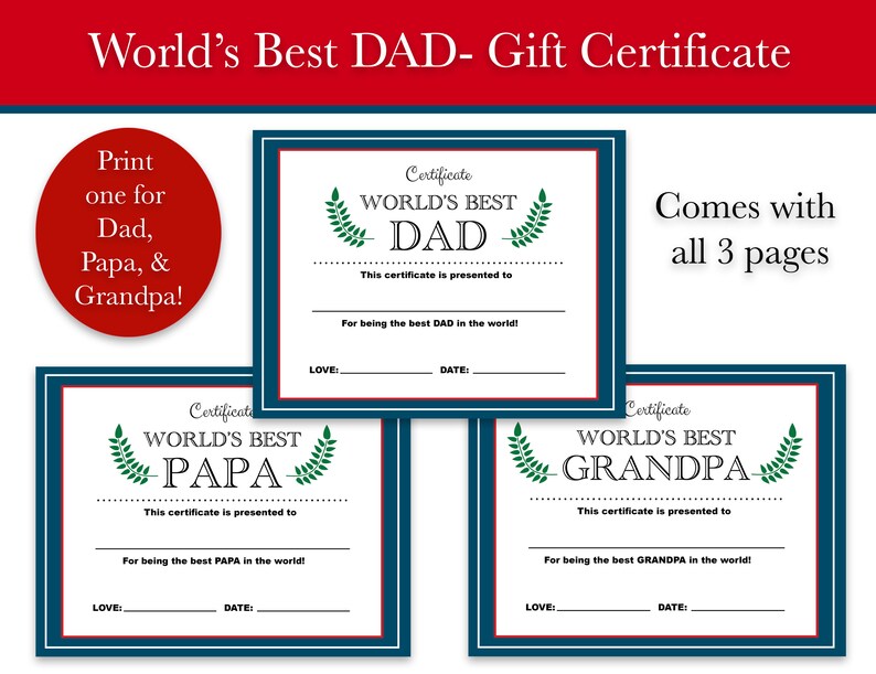 World's Best Dad Certificate Printable Instant Download - Etsy