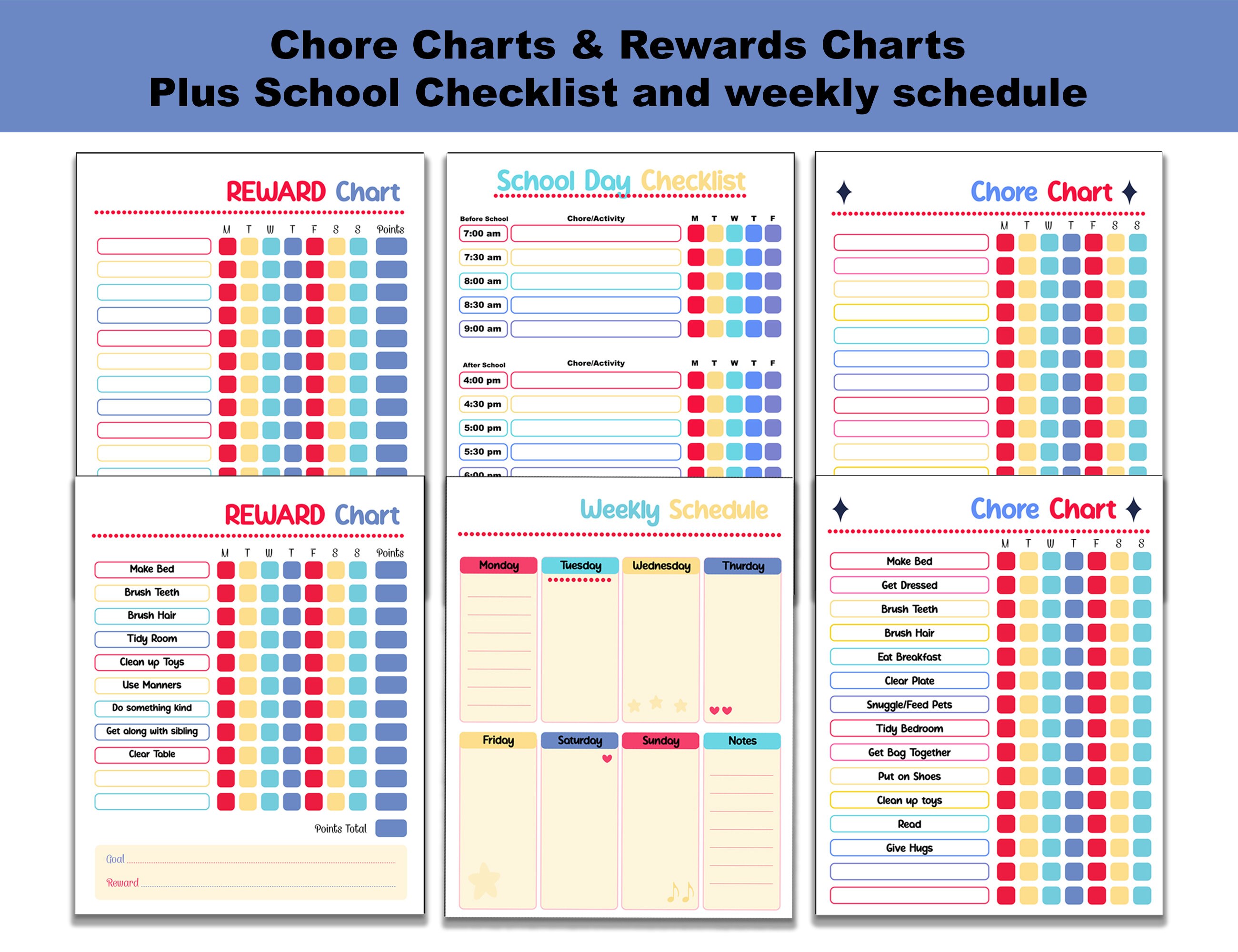 Chore Chart Templates, Kids Daily Routines, School Checklist, Reward ...
